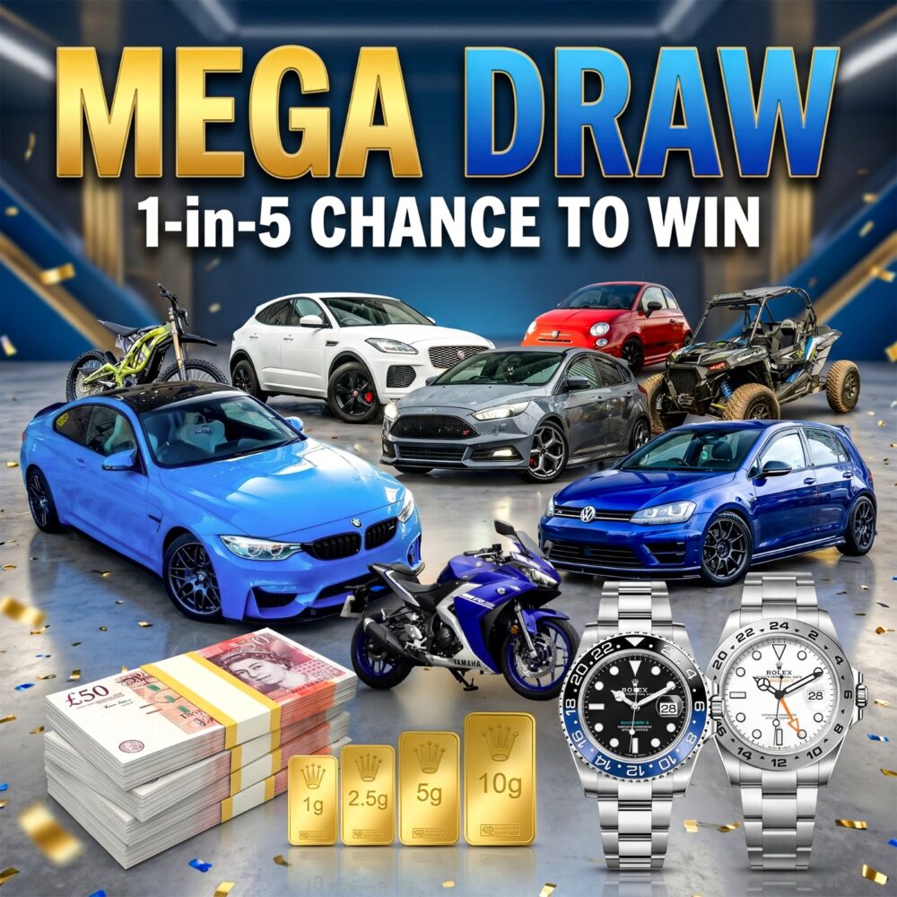 MEGA DRAW : 1 IN 5 CHANCE TO WIN - CARS, POLARIS, ROLEXES, CASH, GOLD ...